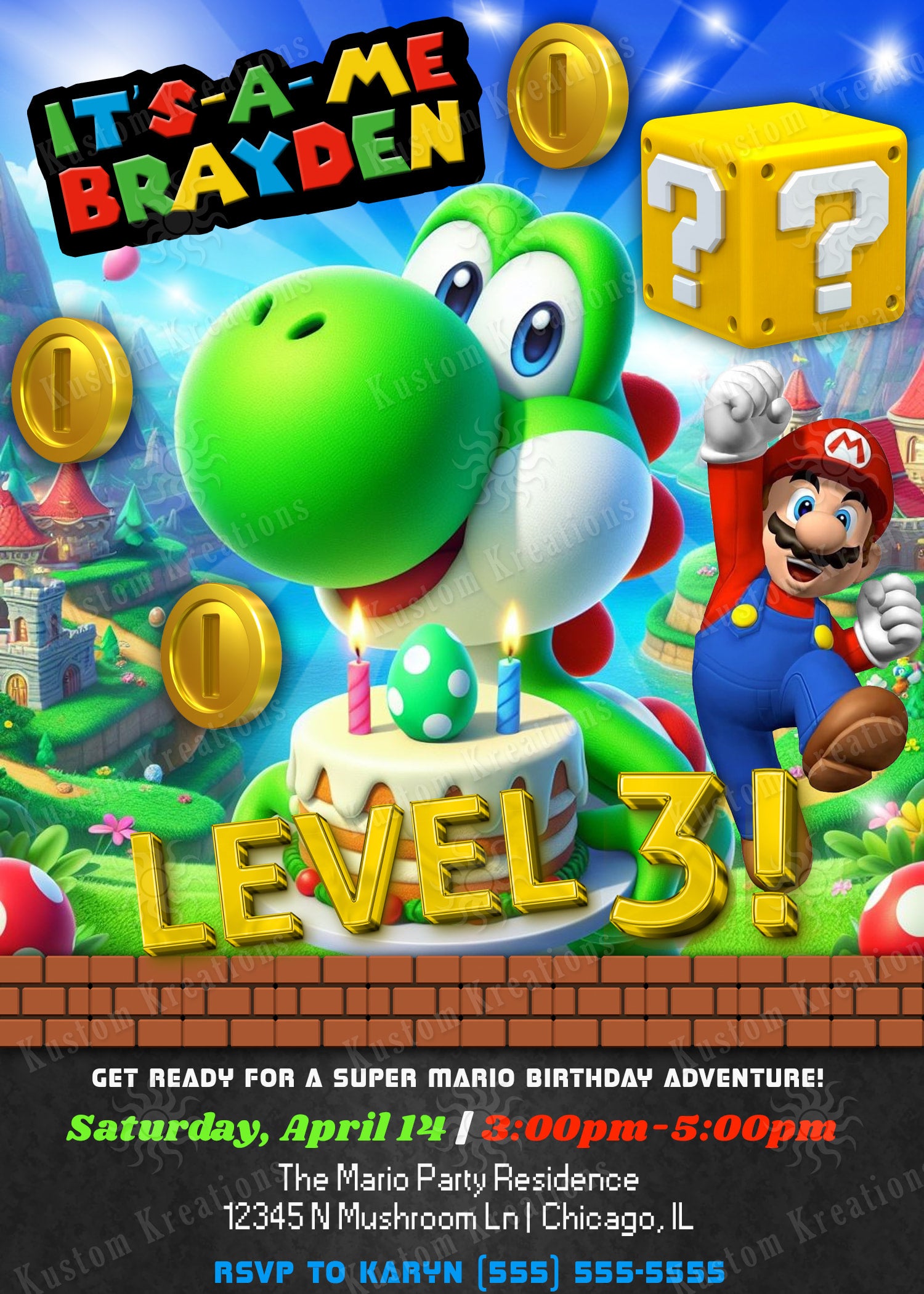 Mario 6 Yoshi Birthday Invitation | Kustom Kreations