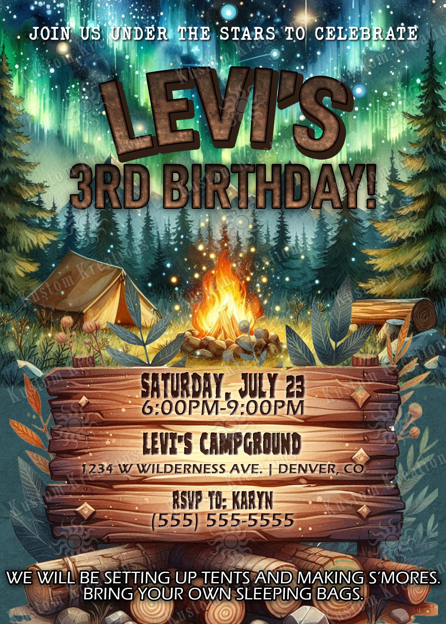 Camping 3 Starry Night Campfire Birthday Invitation | Kustom Kreations