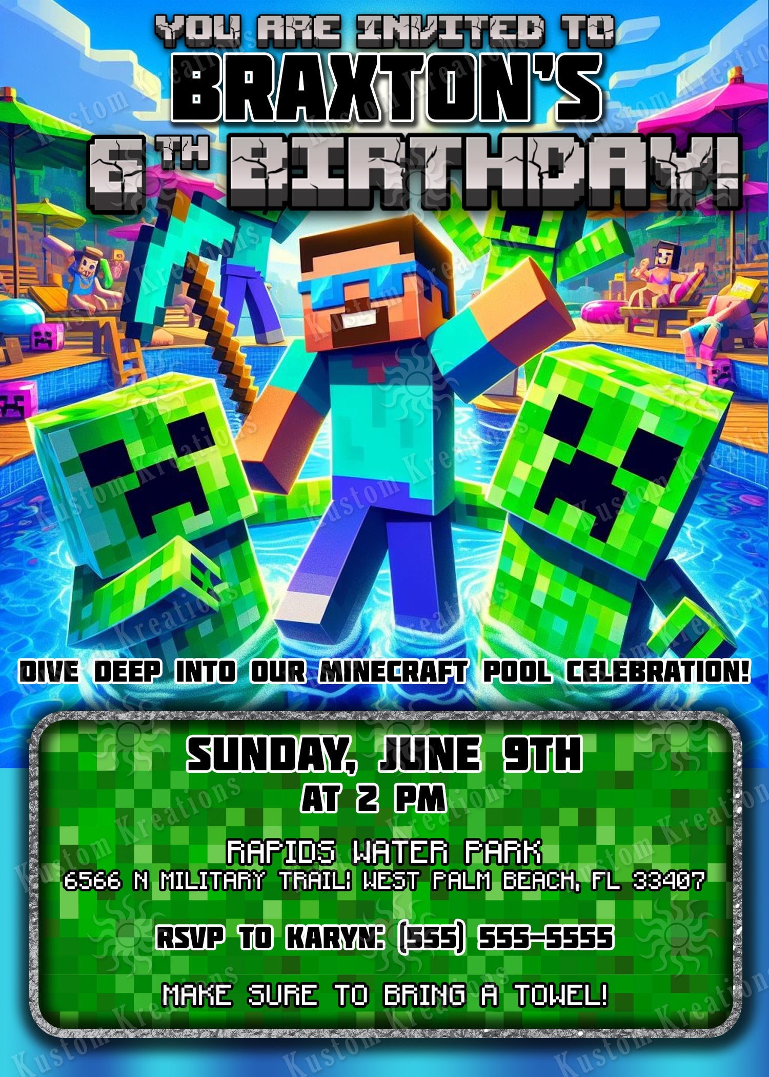 Minecraft Pool Party Birthday Invitation | Kustom Kreations